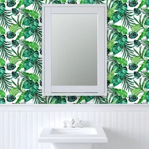 Spoonflower Tropical White Leaves Palm Monstera Jungle Custom Pre-pasted Wallpaper