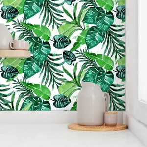 Spoonflower Tropical White Leaves Palm Monstera Jungle Custom Pre-pasted Wallpaper