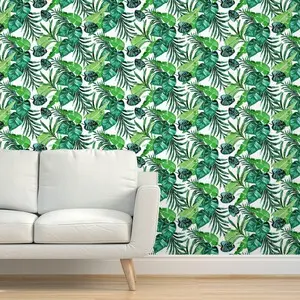Spoonflower Tropical White Leaves Palm Monstera Jungle Custom Pre-pasted Wallpaper