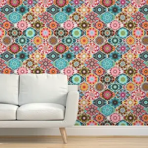 Spoonflower Geometric Ornament Multicolored Flowerpower Custom Pre-pasted Wallpaper