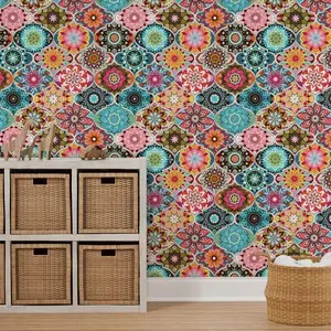 Spoonflower Geometric Ornament Multicolored Flowerpower Custom Pre-pasted Wallpaper