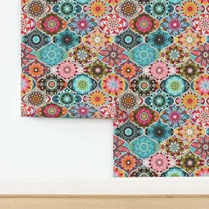 Spoonflower Geometric Ornament Multicolored Flowerpower Custom Pre-pasted Wallpaper
