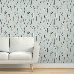 Spoonflower Cream Blue Leaves Brown Nature Scattered Custom Pre-pasted Wallpaper