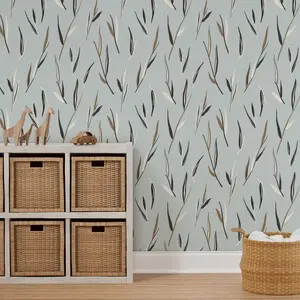 Spoonflower Cream Blue Leaves Brown Nature Scattered Custom Pre-pasted Wallpaper