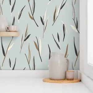 Spoonflower Cream Blue Leaves Brown Nature Scattered Custom Pre-pasted Wallpaper
