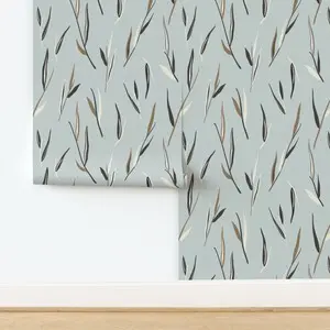 Spoonflower Cream Blue Leaves Brown Nature Scattered Custom Pre-pasted Wallpaper