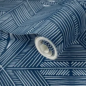Spoonflower Painterly Mudcloth Classic Custom Pre-pasted Wallpaper - Blue