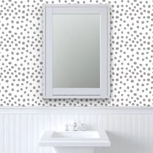 Spoonflower Grey Dots Nursery Painted Custom Pre-pasted Wallpaper - Gray,white,red