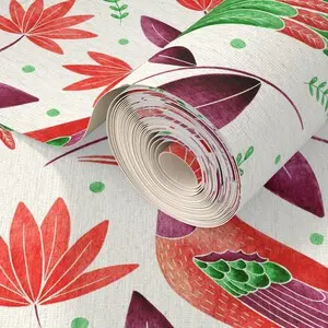 Spoonflower Colored Birds Bird Nature Flowers Bloom Folk Art 100% Natural Sisal Grasscloth Wallcovering - Red,purple