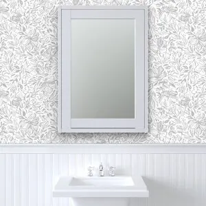 Spoonflower White Flowers Leaves Grey Background Custom Pre-pasted Wallpaper
