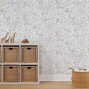 Spoonflower White Flowers Leaves Grey Background Custom Pre-pasted Wallpaper