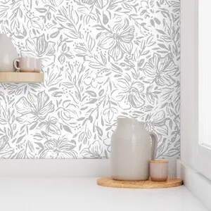 Spoonflower White Flowers Leaves Grey Background Custom Pre-pasted Wallpaper
