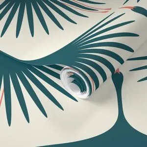 Spoonflower Art Deco Teal Cream Coral Bird Animal Swan Custom Pre-pasted Wallpaper Beige,blue,gray