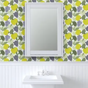 Spoonflower Green Leaves Purple Fruit Apples Citrus Summer Custom Pre-pasted Wallpaper - Green,purple