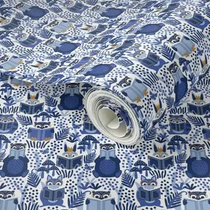 Spoonflower Blue Yellow Owl Bear Fox Mustard Glasses Custom Pre-pasted Wallpaper - Blue,white