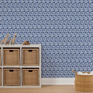 Spoonflower Blue Yellow Owl Bear Fox Mustard Glasses Custom Pre-pasted Wallpaper
