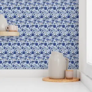 Spoonflower Blue Yellow Owl Bear Fox Mustard Glasses Custom Pre-pasted Wallpaper
