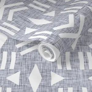 Spoonflower Mud Cloth Mudcloth Chambray Blue Geo Geometric Custom Pre-pasted Wallpaper - Gray,white
