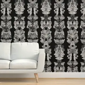 Spoonflower Black And Inkblot Monochromatic Mirrored 100% Natural Sisal Grasscloth Wallcovering - White