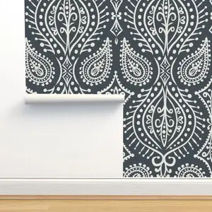 Spoonflower Marrakech Paisley Slate Jumbo Scale 100% Natural Sisal Grasscloth Wallcovering - Blue,grey