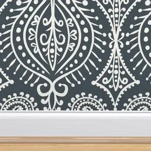 Spoonflower Marrakech Paisley Slate Jumbo Scale 100% Natural Sisal Grasscloth Wallcovering - Blue,grey