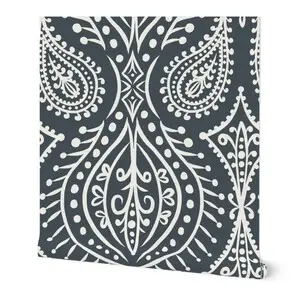 Spoonflower Marrakech Paisley Slate Jumbo Scale 100% Natural Sisal Grasscloth Wallcovering - Blue,grey