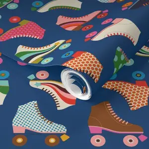 Spoonflower Skate Retro Roller Skating Blue Red Rink Green Custom Removable Wallpaper Blue,pink,green