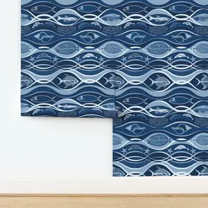 Spoonflower Ocean Life Classic Fish Sea Waves Abstract Custom Pre-pasted Wallpaper