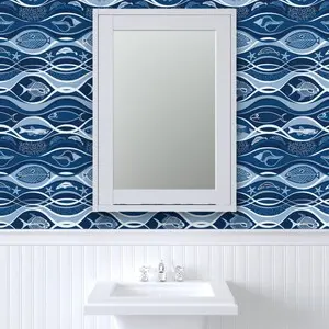 Spoonflower Ocean Life Classic Fish Sea Waves Abstract Custom Pre-pasted Wallpaper