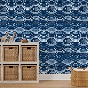 Spoonflower Ocean Life Classic Fish Sea Waves Abstract Custom Pre-pasted Wallpaper