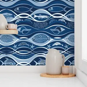 Spoonflower Ocean Life Classic Fish Sea Waves Abstract Custom Pre-pasted Wallpaper