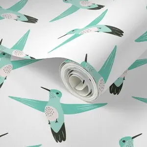 Spoonflower Hummingbird Birds Little Custom Pre-pasted Wallpaper - Mint,green,teal