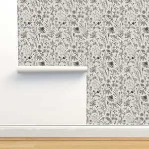Spoonflower Black And White Wildflowers 100% Natural Sisal Grasscloth Wallcovering - Black,white