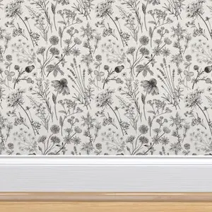 Spoonflower Black And White Wildflowers 100% Natural Sisal Grasscloth Wallcovering - Black,white