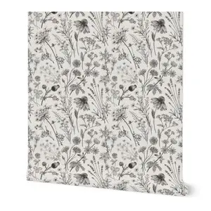 Spoonflower Black And White Wildflowers 100% Natural Sisal Grasscloth Wallcovering - Black,white