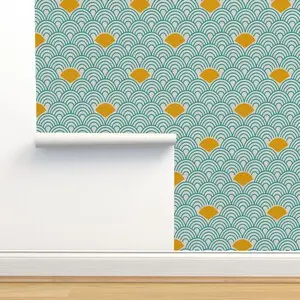 Spoonflower Blue Cloud And Rising Sun 100% Natural Sisal Grasscloth Wallcovering