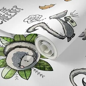 Spoonflower Leaves Woodland Wild Humor Skunk Adventure Custom Pre-pasted Wallpaper - Gray,green