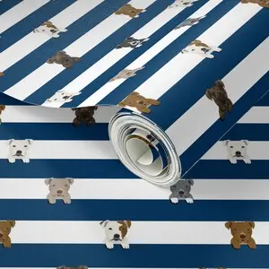 Spoonflower Pitbull Pitbulls Dogs Stripe Stripes Dog Custom Pre-pasted Wallpaper - Blue,brown