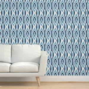 Spoonflower Blue And Navy Ikat For Ot 100% Natural Sisal Grasscloth Wallcovering - Navy,blue