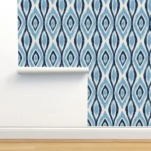 Spoonflower Blue And Navy Ikat For Ot 100% Natural Sisal Grasscloth Wallcovering - Navy,blue