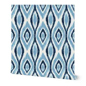 Spoonflower Blue And Navy Ikat For Ot 100% Natural Sisal Grasscloth Wallcovering - Navy,blue