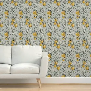 Spoonflower Bees And Lemons Medium Texture Black Stems 100% Natural Sisal Grasscloth Wallcovering