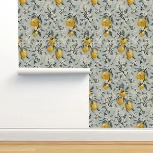 Spoonflower Bees And Lemons Medium Texture Black Stems 100% Natural Sisal Grasscloth Wallcovering