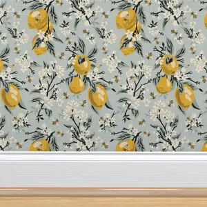 Spoonflower Bees And Lemons Medium Texture Black Stems 100% Natural Sisal Grasscloth Wallcovering