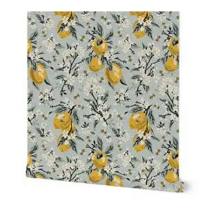 Spoonflower Bees And Lemons Medium Texture Black Stems 100% Natural Sisal Grasscloth Wallcovering