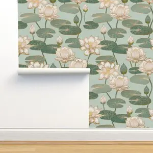 Spoonflower Lotus Blossoms 100% Natural Sisal Grasscloth Wallcovering