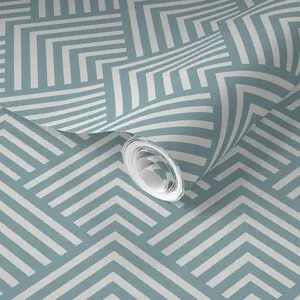Spoonflower Blue Geometric Stripes Mod Beige Dusty Chevron Traditional Wallpaper - Blue,beige,teal