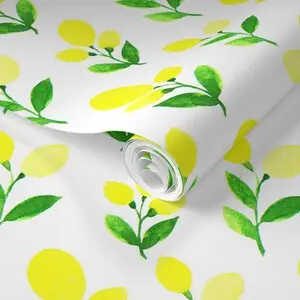 Spoonflower Lemon Yellow Citrus Watercolor Fruit Lemons Plant Custom Pre-pasted Wallpaper - Yellow,white,green