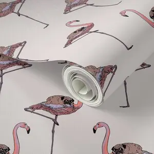 Spoonflower Flamingo Pug Custom Pre-pasted Wallpaper - Beige,pink,gray