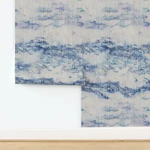 Spoonflower White Clouds Modern Abstract Wallpaper Navy Custom Pre-pasted Wallpaper